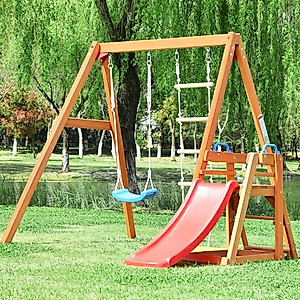 Kiriner Wooden Swing Set with Slide, Outdoor Playset Backyard Activity Playground Climb Swing Outdoor Play Structure for Toddlers, Ready to Assemble Wooden Swing-N-Slide Set Kids Climbers