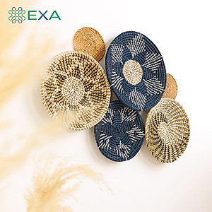 EXA Set of 6 Hanging Woven Wall Basket Decor Peony Rustic Round Decorative Large Wall Decor - Handmade Seagrass Baskets - Rattan Wall Art, Flat Wicker Woven Basket Wall Decors for Boho