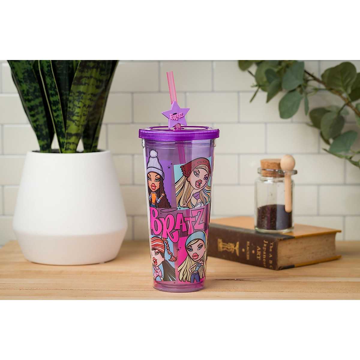 Silver Buffalo Bratz Dolls Featuring Cloe, Yasmin, Jade, and Sasha Pink and Purple Plastic Cold Cup with Lid and Straw Topper, 24 Ounces