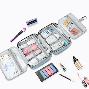 Yuan & Chuang Hanging Travel Toiletry Bag for Women Foldable Hygiene Bag, Large Capacity Waterproof Cosmetic Travel Bag with 4 Compartments & 1 Sturdy Hook,Travel Essentials Organizer(blue)