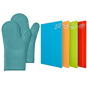 Gorilla Grip Silicone Oven Mitts and Flexible Cutting Boards 4 Pack, Oven Mitts Are 12.5 Inch in Turquoise Color, Flexible Cutting Boards Are Multicolor, 2 Item Bundle