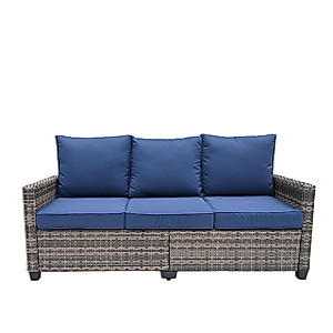 TARKARI All Weather Wicker Patio Couch, 3 Seats Patio Sofa with High Curvy Back, Premium Outdoor Sofa with Brown Wicker and Thick Cushions for Garden, Backyard, Porch, Blue