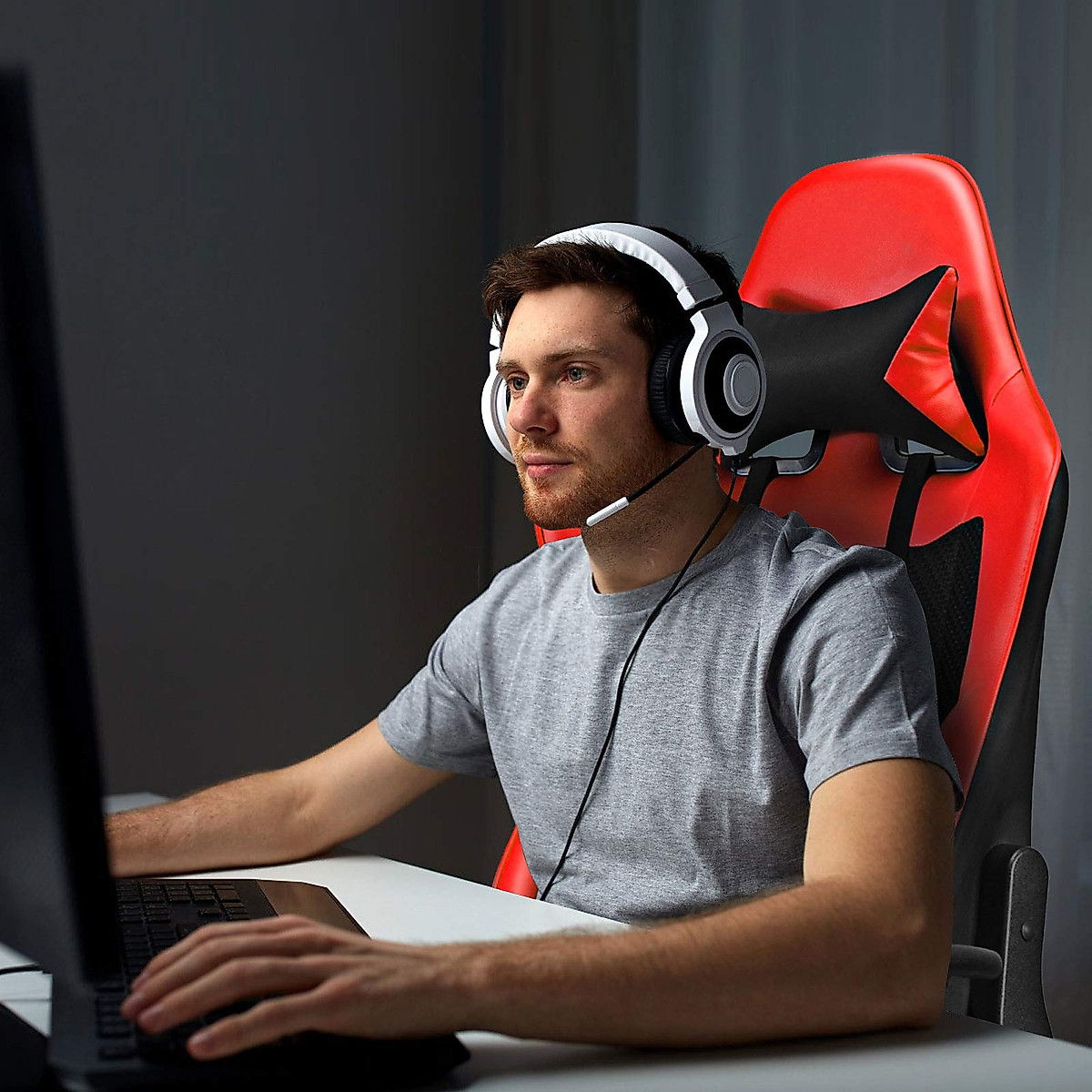 POWERSTONE Gaming Chair - Ergonomic Gaming Chair with Footrest for Women Racing Esports Computer Chair High-Back Massage Leather Recliner Rolling Swivel Chair (Red)