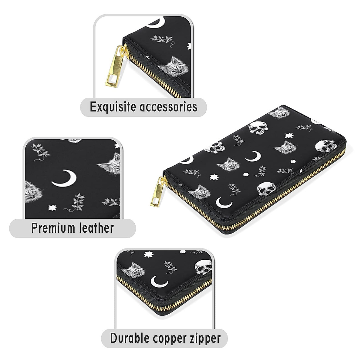 CHPGPUG Women's Skull Cat Moon Long Wallet,Zippered Coin Purse,PU Leather Clutch Wallet