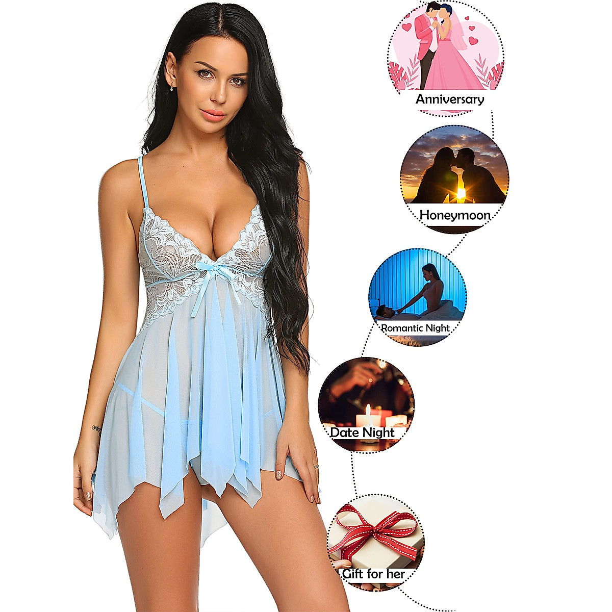 Avidlove Sexy Lingerie for Women Lace Babydoll Lingerie, Baby Blue, Large