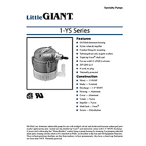 Little Giant 1-YS 1/150 HP, 205 GPH , 230 Volt Parts Washer Pump, with 6-Ft. Cord No Plug, Grey, 501036