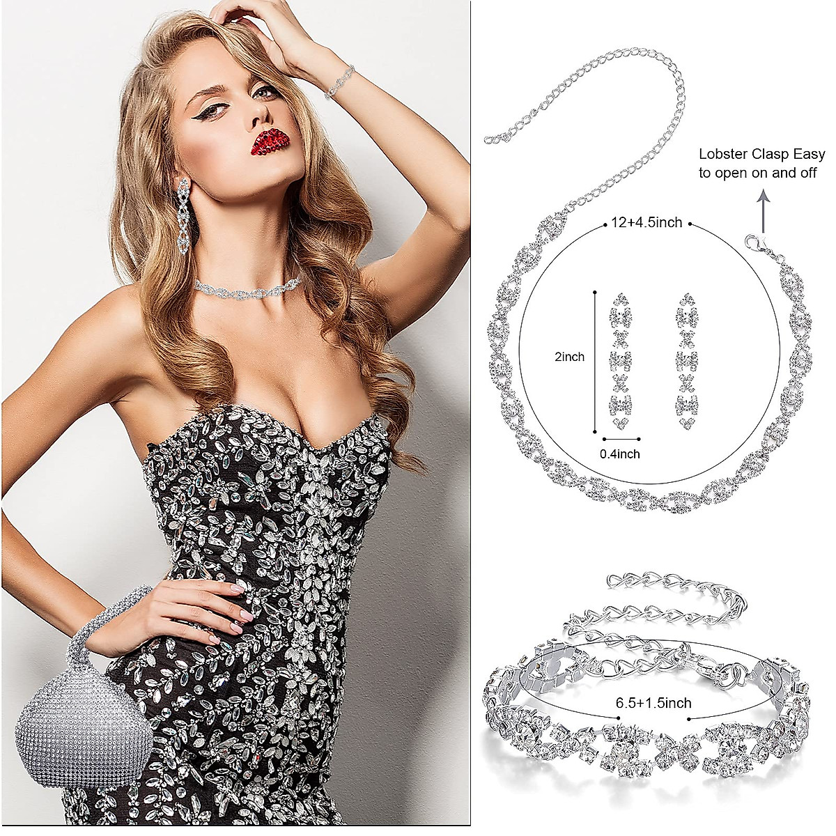 MTLEE 4 Pieces Rhinestone Necklace Choker Bracelet Earring Clutch Purses Jewelry Set Women Crystal Triangle Bling Diamond Purse Rhinestone Bag for Wedding Party (Silver)