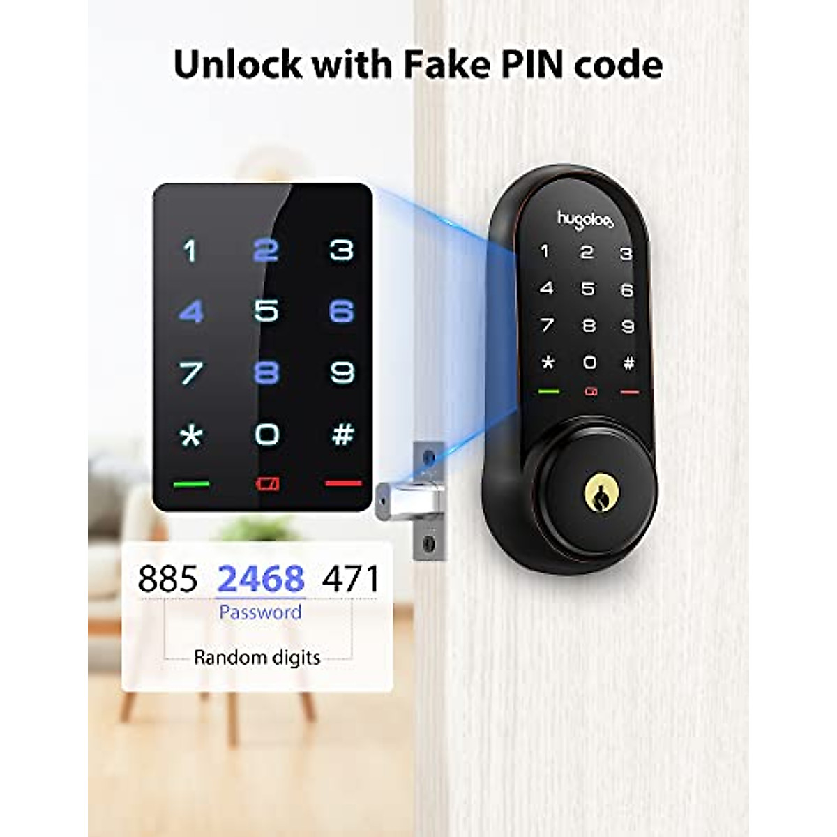 Hugolog Smart Lock,Keyless Entry Door Lock,Keypad Smart Door Lock,Smart Deadbolt Lock,Electronic Door Lock with Keyless Deadbolt,Bluetooth Digital Door Lock for Home,Airbnb,Garage