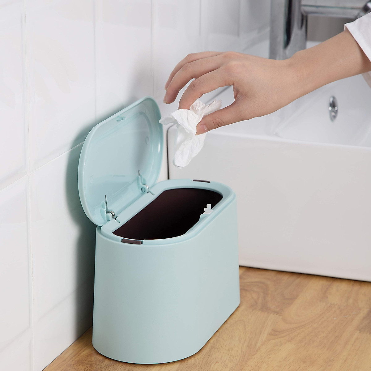 Mini Countertop Wastebasket Press Cartridge Cover Trash Can, Makeup Holder Vanity Bathroom Kitchen Car Desktop Office (Light Blue)