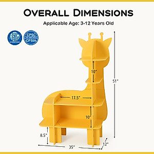 Costzon Giraffe Kids Bookshelf, 4-Tier Toddler Montessori Shelf Book Rack, Toy and Book Storage for Kids, Wooden Children’s Bookcase, Toy Storage Organizer for Kids Room, Playroom, Nursery
