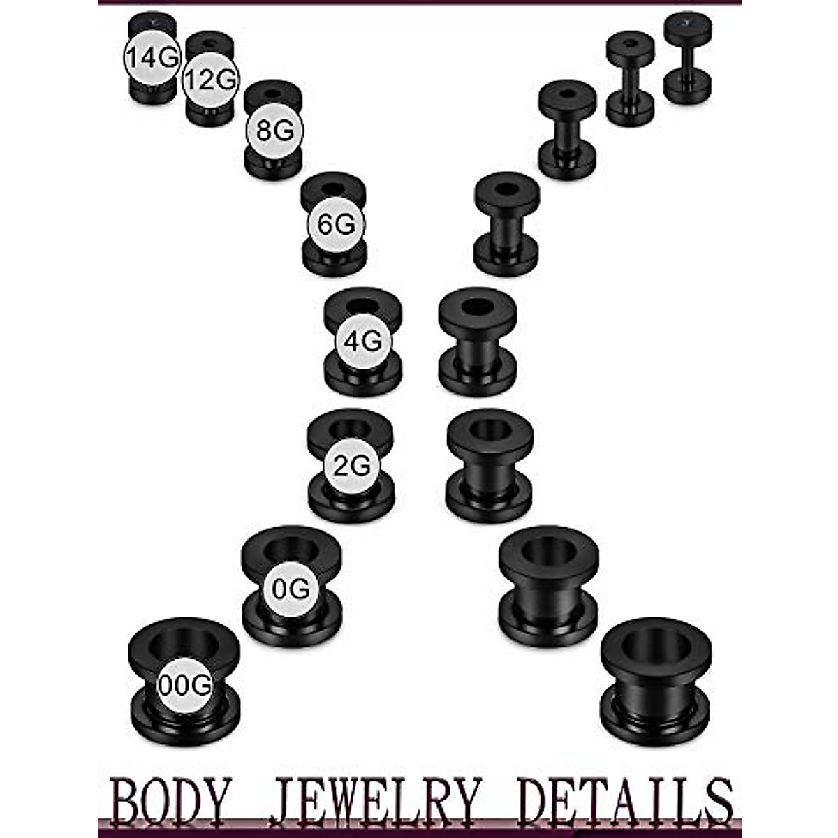 Jenxnjsjo Black Gauges for Ears 14G to 00G Tunnels Ear Stretching Kit Gauge Plugs Gage Stretchers Expander Starter Kits Double Zero Gauging Plug Earrings Set Surgical Stainless Steel for Women Men