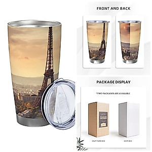 Eiffel Tower and city Tumbler with Lid and Straw 20oz Stainless Steel Car Cup for Hot and Cold Drinks, Double Wall Insulated Travel Coffee Mug Reusable Drink Thermos Cup Birthday Gifts