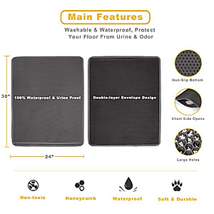 Cat Litter Mat Grey Trapping for Litter Box, XL Jumbo 30 x 24 in, Urine & Waterproof, Honeycomb Double Layer Anti Tracking Kitty Mats, No Phthalate, Washable Easy Clean, Scatter Control