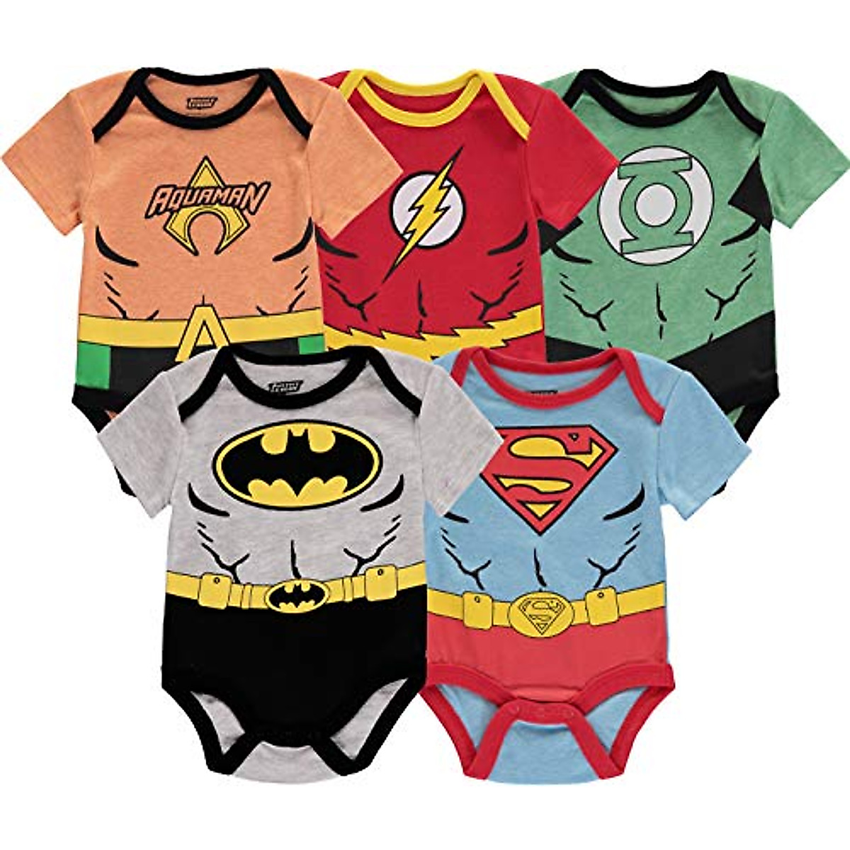 DC Comics Baby Boys Newborn 5 Infant Pack Short Sleeve Bodysuit Flash Superman Batman Aquaman Green Lantern Baby 0-3 months