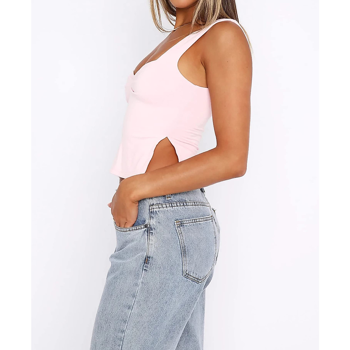 BAIGRAM Women’s Sleeveless Slim Crop Tank Top Sexy Pleated Bustier Sweetheart Neck Strappy Slits Cropped Vest Cami Pink