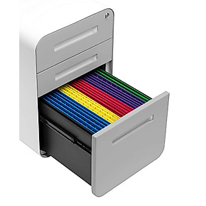 Laura Davidson Furniture Stockpile 3 Drawer File Cabinet with Lock - Under Office Desk Metal Filing Cabinet, Legal/Letter File Folders, Wheels and Stationary Feet, Pre-Assembled, Light Grey Faceplate