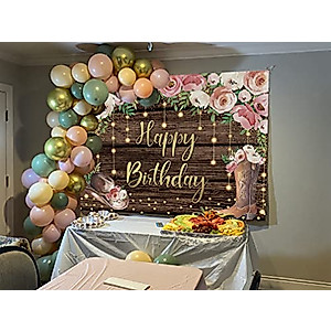 Cowgirl Happy Birthday Backdrop 7x5FT Western Hat Boot Floral Glitter Brown Rustic Wooden Boho Bday Photography Background for Women Country Party Decorations Banner Props