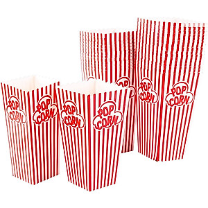 GSM Brands Popcorn Containers Boxes (100 Pack) - Striped White and Red Paper - for Home Movie Theater