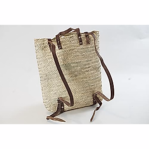 Straw Beach Backpack Basket - French Market Basket - Picnic Moroccan Basket - Made with Seagrass Palm Leaf and Leather Strap - Boho and Hipster Backpack