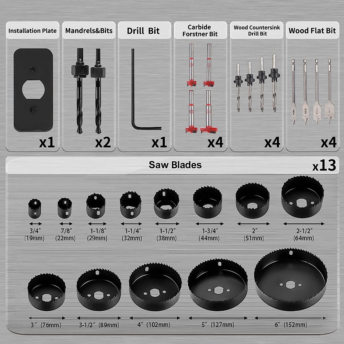 KATA 30PCS Multi-Function Wood Drill Bits Set Hole Saw Kit Set with 3/4"-6" Hole Saw, Countersink Drill Bits, Spade Drill Bits, Carbide Forstner Bits, Ideal for Soft Wood, Plywood, PVC