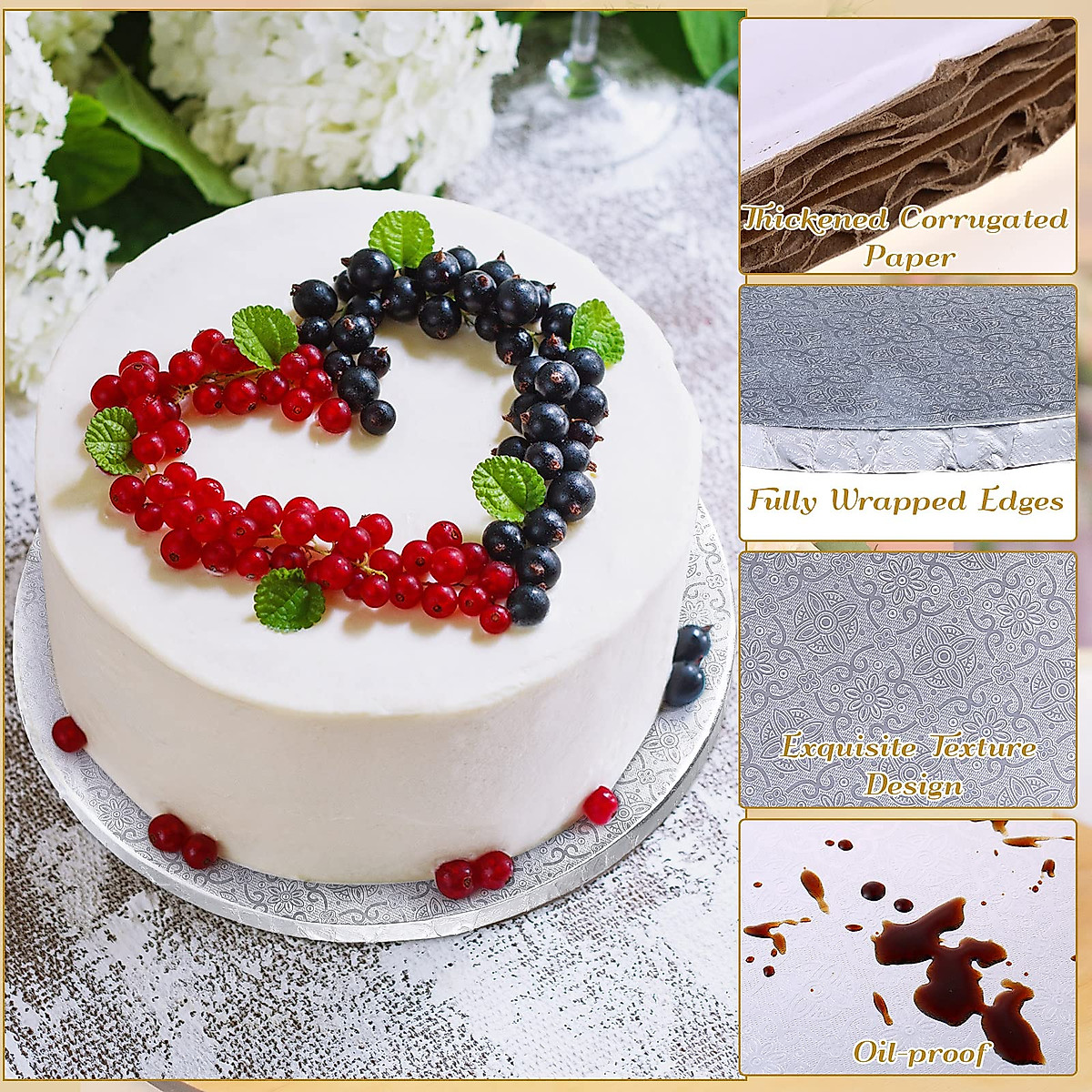 20 Pieces Cake Boards 10 Inch Round Cake Drum with 1/2 Inch Thick Round Cake Stands Cake Smooth Edge for Multi Tiered Birthday Wedding Party, Black, Silver, Gold and White