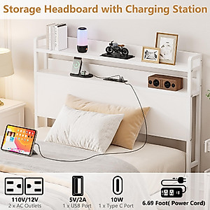 Elephance Twin Bed Frames with Charging Station and LED Lights, Metal Bed Frame with 2-Tier Storage Headboard, No Box Spring Needed, Noise Free, Easy Assembly