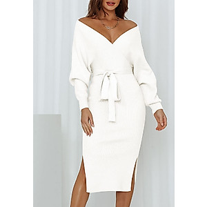 Pink Queen Womens V Neck Sweater Wrap Dresses Batwing Sleeve Elegant Holiday Bodycon Slit Maxi Knit Dress Belted White L