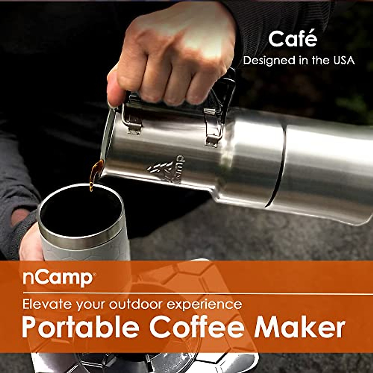 nCamp - Café, Portable Coffee Maker, Portable Espresso Machine, Compact Camping Coffee Maker, Stainless Steel Travel Coffee Maker with Camping Coffee Cup, Reusable, 12 oz