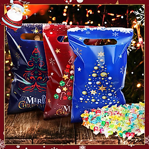 Hotop 150 Pcs Christmas Treat Bags Christmas Tree Goodies Bags Bulk Plastic Candy Treat Snacks Bags with Handles for Holiday Cookie Goody Gift Merry Christmas Party Favor Supplies, 6 Styles