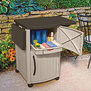 Suncast DCP2000 Portable Outdoor Patio Backyard Grilling Entertainment Serving Prep Station Table with Cabinet Storage and Drop Leaf Extensions, Beige