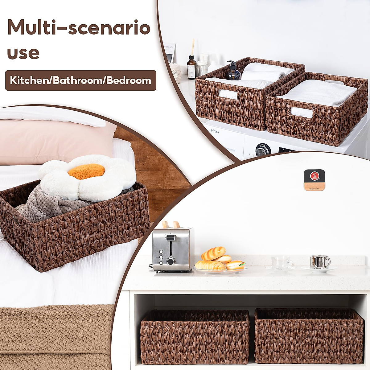 ATEDIR Large Wicker Basket, Waterproof Wicker Storage Basket, Odorless Plastic Woven Baskets for Organizing, Rectangle Rattan Basket with Handle, Brown (17x13x7inch & 15.6x11.6x6inch)