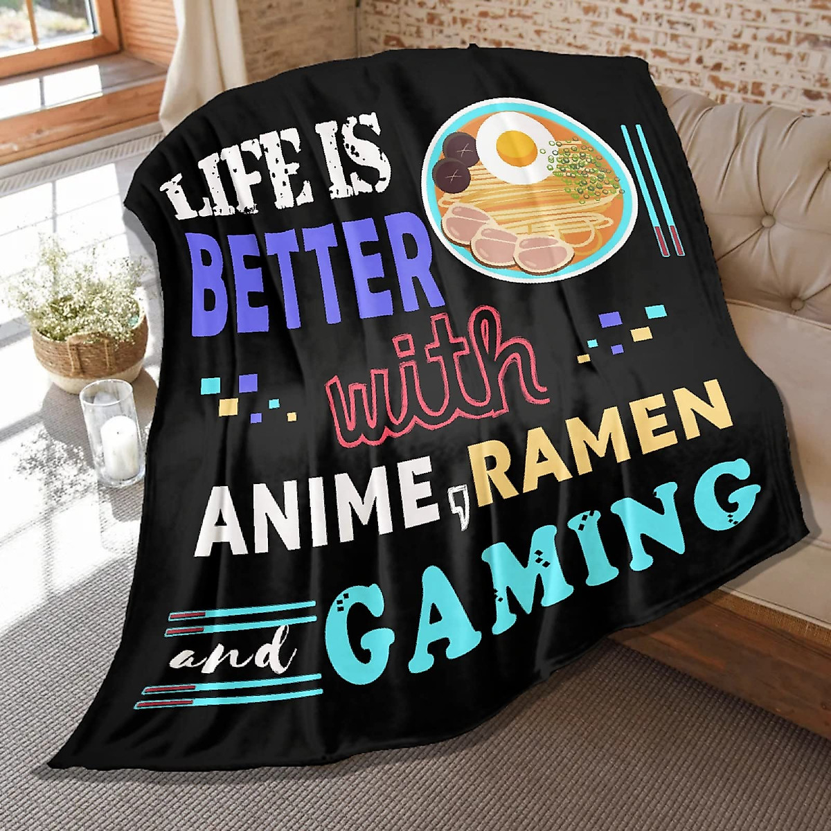 Ramen Noodle Blanket Throw,Life is Better with Gaming Ramen Anime Gifts for Kids Boys Men Soft Lightweight Plush Fleece Quilt 50 in x 40 in Small for Kids