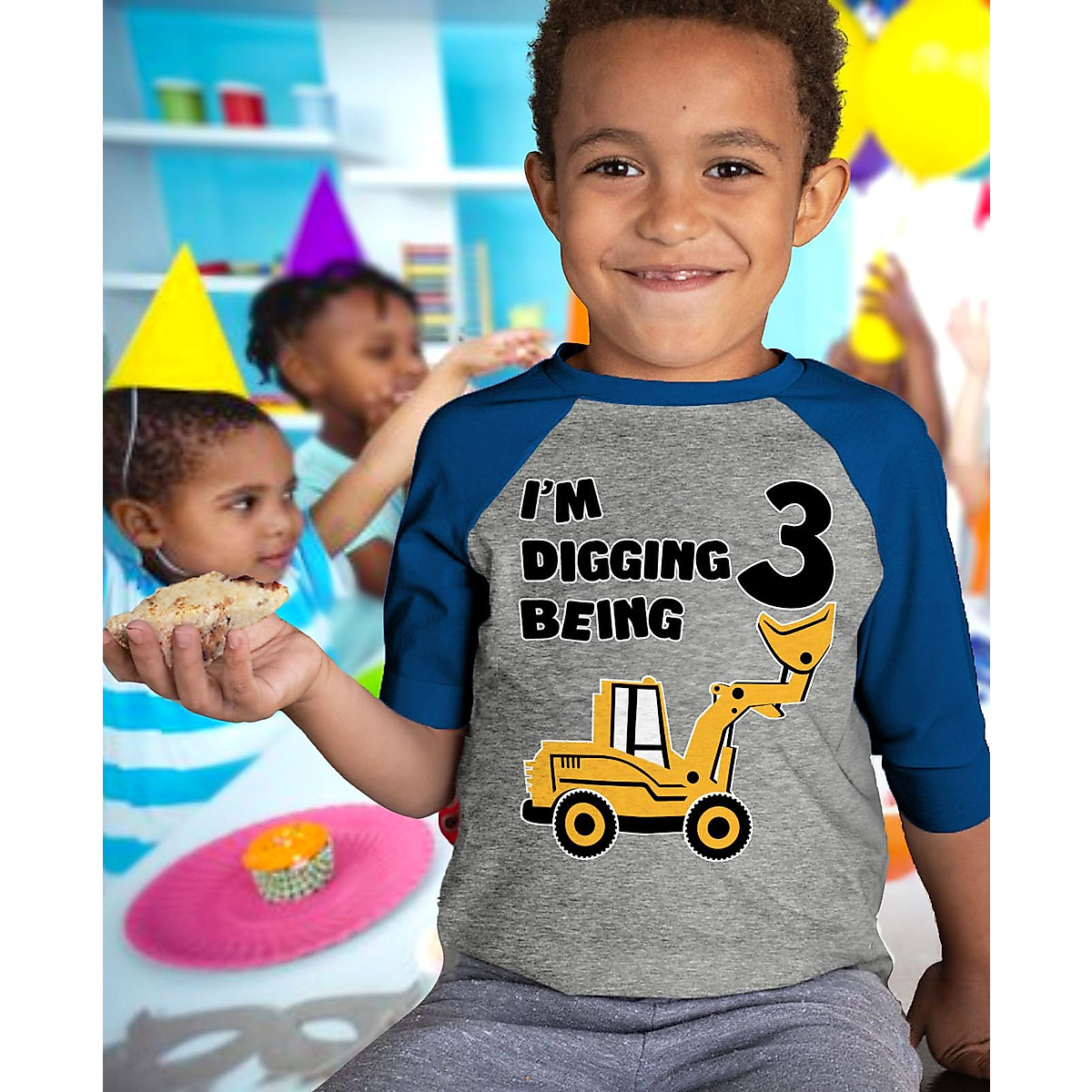 I'm Digging Being 3 3rd Birthday Shirt Boy Construction Kids Raglan T-Shirt Blue 3T