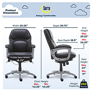 Serta Wellness by Design Executive Office Back in Motion Technology, Ergonomic Computer Chair with Lumbar Support, Mid, Leather, Black