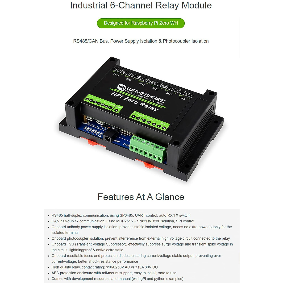 Waveshare Industrial 6-CH Relay Module for Raspberry Pi Zero, RS485/CAN Half-Duplex Communication, Auto RX/TX Switch, MCP2515 + SN65HVD230 Solution, SPI Control