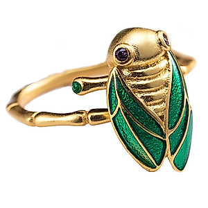 Helen de Lete Colorful Golden Cicada S925 Sterling Silver Adjustable Ring For Men and Women