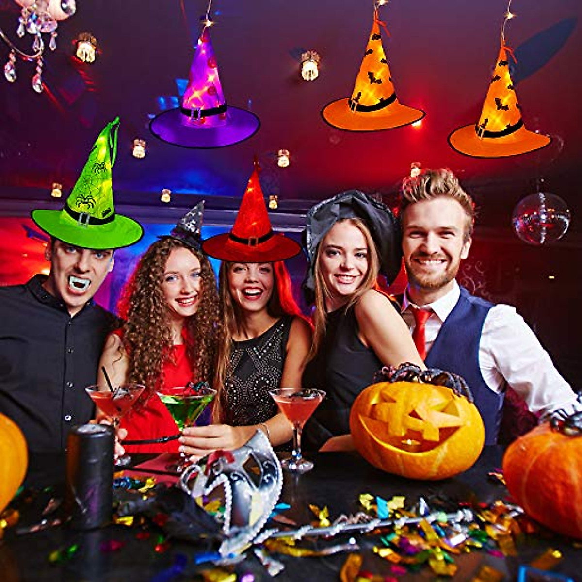 XTF2015 Halloween Decorations Outdoor, Upgraded 8pcs Hanging Lighted Glowing Witch Hat Lights, 44FT 104LED Waterproof Halloween Light for Outdoor,Garden, Trees, Party Decorations