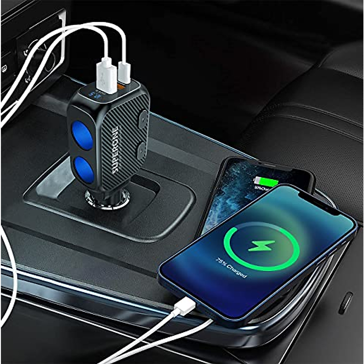 SUPERONE 180W Cigarette Lighter Splitter with 20W PD, 2-Socket Cigarette Lighter Adapter, Fast USB C Car Charger with Type-C 20W PD & QC 3.0 for Dash Cam, GPS, Laptop/iPad/iPhone 14/13/12/11/X/Samsung