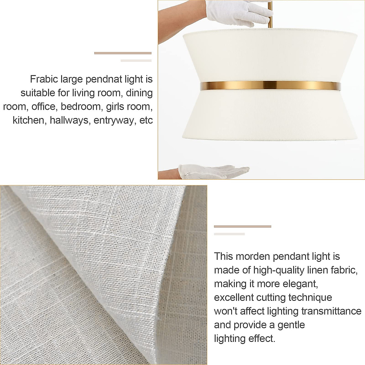 ELYCCUPA Modern Chandelier with Off-White Fabric Shade and Brass Finished Adjustable Pendant Light for Kitchen Island Living Room Bedroom Hallway, E26, Dia 18 Inch, UL Listed