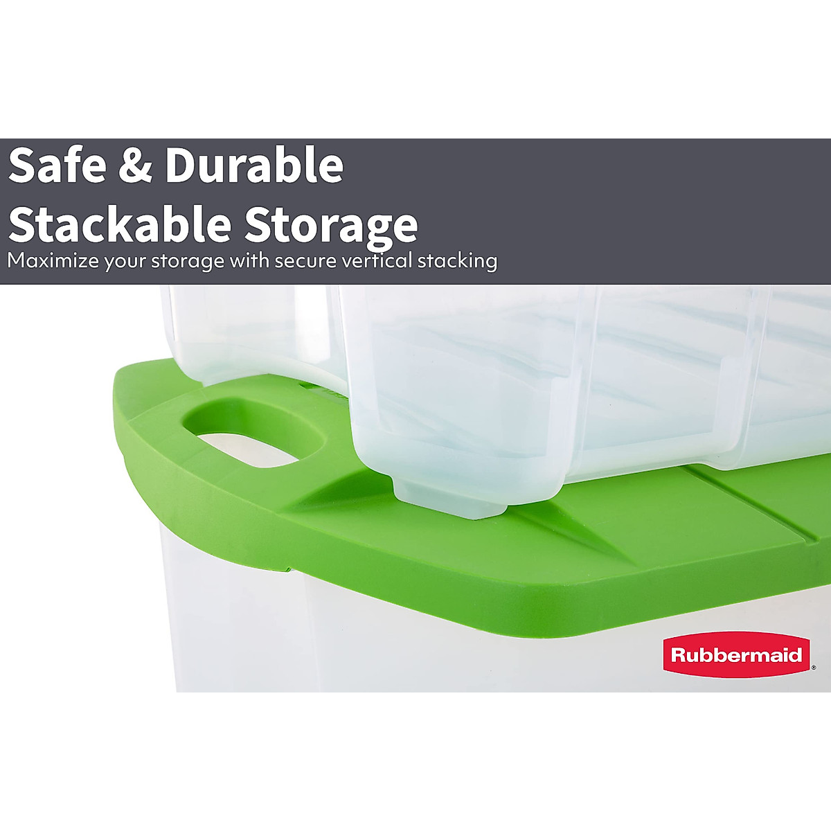 Rubbermaid 28 Gallon/112 Quart Jumbo Clear Tote, Pack of 2, Stackable, Large Capacity, Clear Bins/Bright Green Lids, Home, Garage, and Office Storage Organizer, Durable Snap-Tight Lids