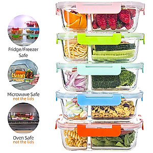 Glass Food Storage Containers 3 Compartment with Lids (5 Pack, 34oz), Divided Glass Meal Prep Containers for Lunch at Work, Leak-Proof Portion Control Food Containers, Microwave/Dishwasher Safe