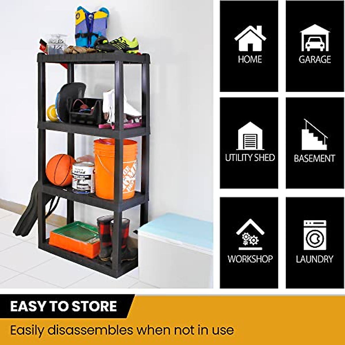 Koolatron Oskar 4-Tier Storage Shelf, Heavy Duty Shelving Unit, 400lbs(14 x 30 x 57 inch), Multipurpose Organizer for Garage, Laundry Room, Utility Shed, Made in North America, Black