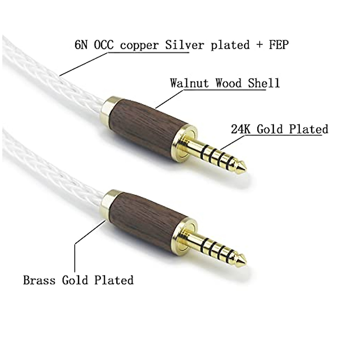 NewFantasia 4.4mm Male to Male Balanced 5 Pole Headphone Audio Adapter Cable 8 Cores 6N OCC Copper Single Crystal Silver Plated Wire Walnut Wood Shell 4.4mm to 4.4mm Male 15cm