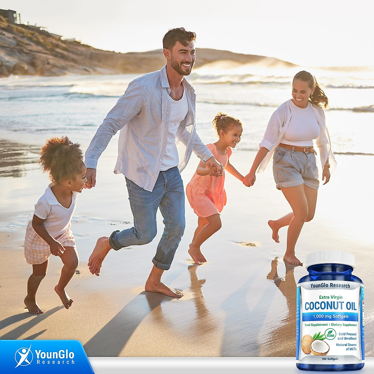 YounGlo Research Coconut Oil 1000 mg 100% Cold-Pressed Organic Extra Virgin Coconut Oil 180 Vegan Softgel Capsules Keto-Friendly Dietary Supplement Support for Hair, Nails & Skin Health