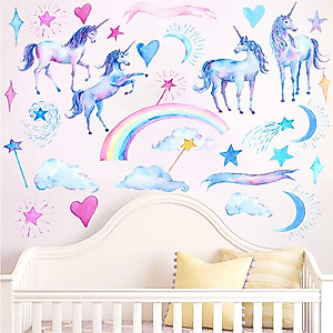 Wajade Unicorn Wall Decals, 2 Sheets Unicorn Rainbow Peel and Stick Wall Stickers Removable Wall Decor for Girls Kids Bedroom Nursery Playroom Decor