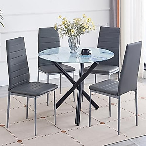 paonne Round Glass Dining Table with Gray Marble Glass Top and Silver Legs, Modern Round Glass Kitchen Table for Apartment/Restaurant/Dining Room 35.43" D x 35.43" W x 29.5" H