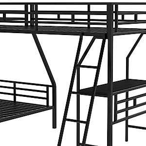 SZUBEE Twin-Over-Full Metal L-Shaped Triple Bunk Bed with a Twin Size Loft Bed & Desk, Space Saving Bedroom Furniture for Kids Teens, Black