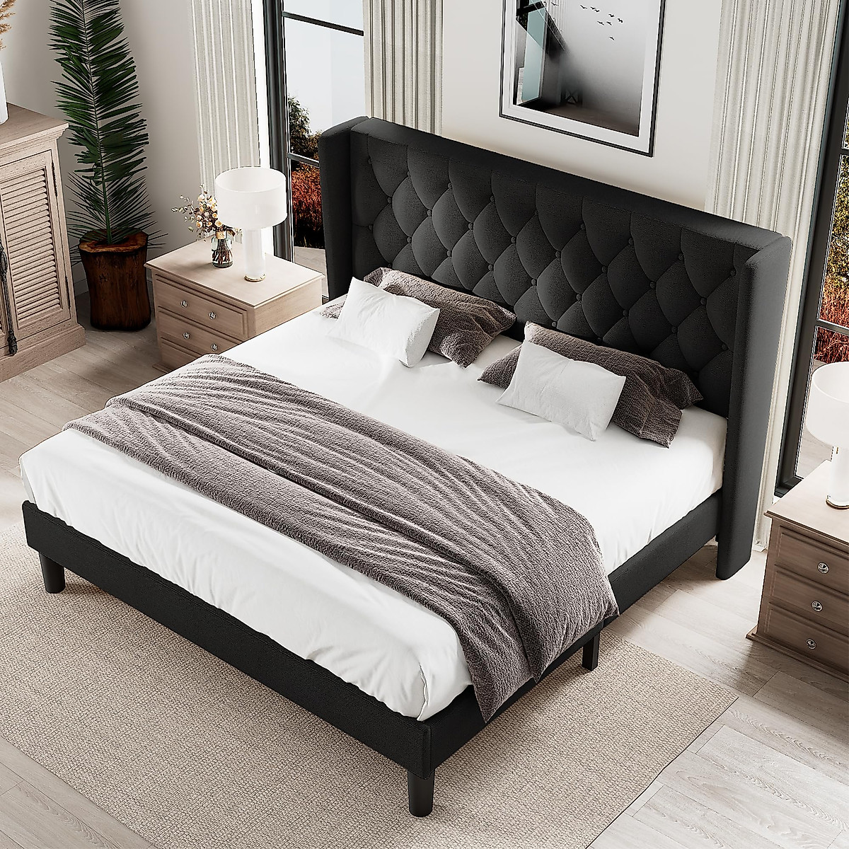 Einhomn King Size Upholstered Bed Frame with Wingback Headboard, Fabric Linen Platform Bed, 8" Under Bed Storage, Wooden and Metal Slats Support, No Box Spring Needed, Black