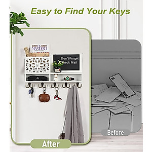 QILICHZ Mail Holder for Wall,Decorative Key and Mail Holder for Wall,Rustic Key Holder for Wall,Wood Key Holder Wall Mounted 10 Key Hooks,Farmhouse Wall Mail Holder Organizer with Chalkboard, White