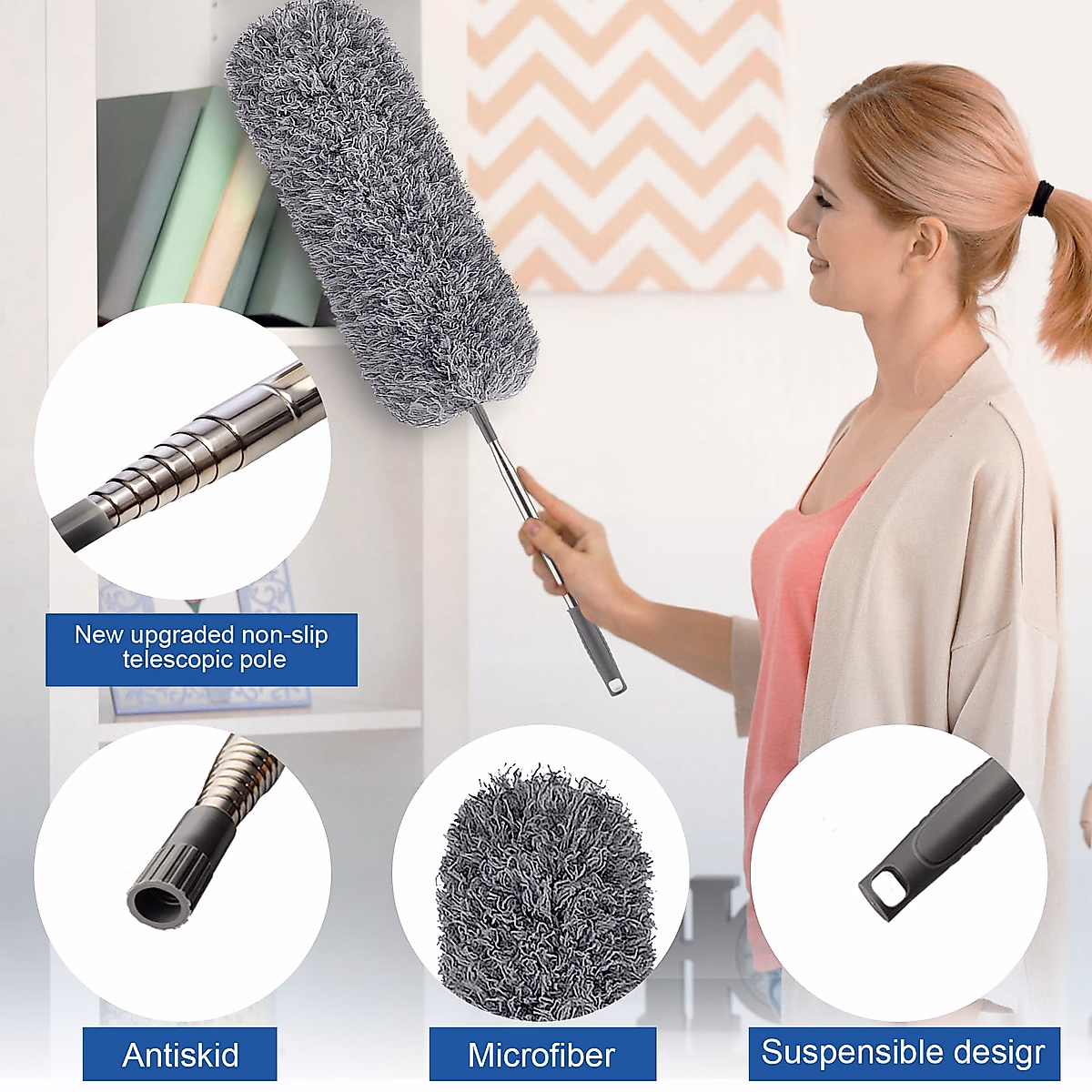 Dusters for Cleaning High Ceiling Fan, Microfiber Duster with Extension Pole 30-100 Inches, FUUNSOO Retractable Gap Dust Brush Cleaner Long Feather Duster for Cleaning Cobweb, Blinds, Furniture